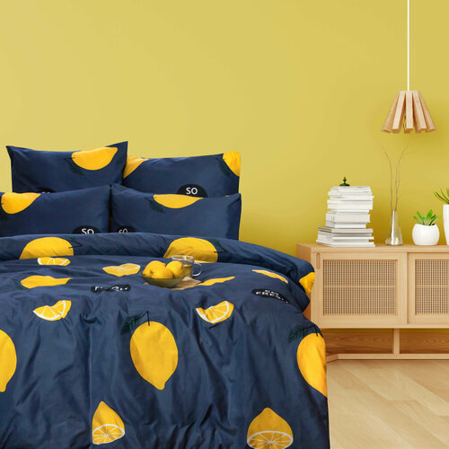 Постельное белье с лимонами семейное Cleo Art Color комплект из полисатина с двумя пододеяльниками