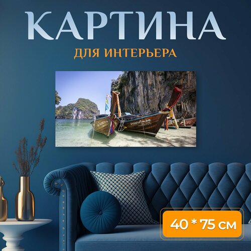 Картина на холсте "Таиланд, длинные лодки плитка, океан" на подрамнике 75х40 см. для интерьера