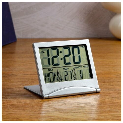Часы электронные настольные: календарь, будильник, термометр, CR2025, 8.8 х 7.8 см, серебро