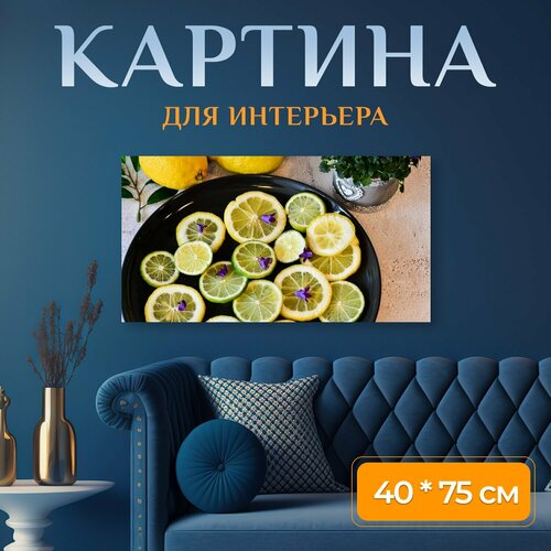 Картина на холсте "Лимоны, лайм, фрукты" на подрамнике 75х40 см. для интерьера