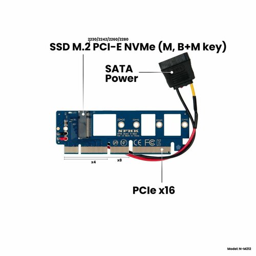 Адаптер-переходник (плата расширения) для SSD M.2 2230-2280 PCI-E NVMe (M, B+M key) в слот PCI-E 3.0/4.0 x4/x8/x16 с питанием SATA, синий, NHFK N-M212
