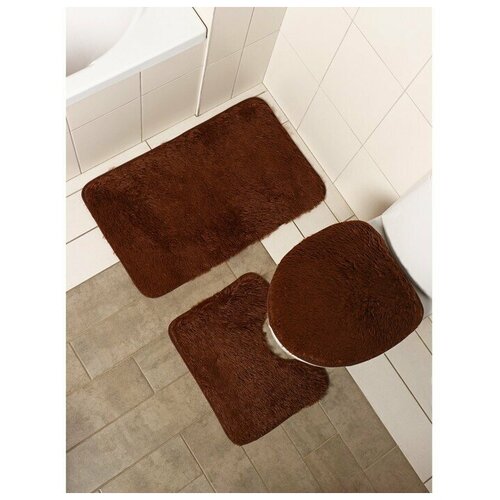 Набор ковриков для ванной и туалета Доляна «Пушистик», 3 шт, 32×40, 40×50, 50×80 см, цвет коричневый