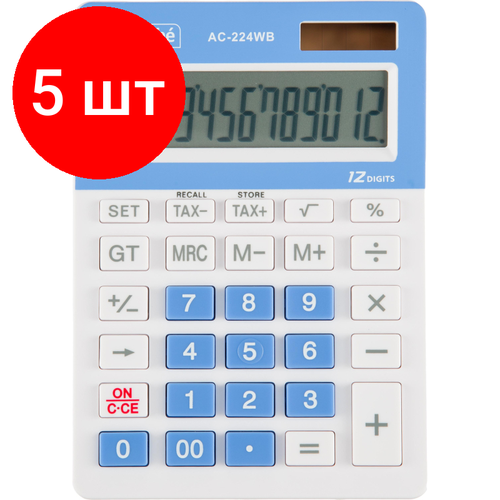 Комплект 5 штук, Калькулятор настольный Attache, AС-224WB,12р, двойное питание, бело-синий