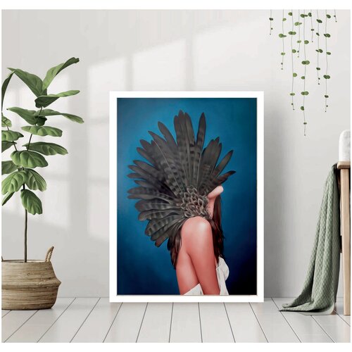 Постер В рамке "Девушка с серыми перьями на голове, Эми Джадд" 40 на 50 в белой раме / Картина для интерьера / Плакат / Постер на стену