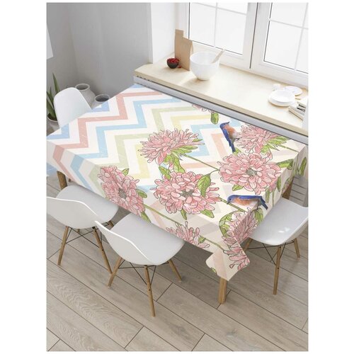 Скатерть прямоугольная JoyArty на кухонный стол "Синички с цветами" из оксфорда, 120x145 см