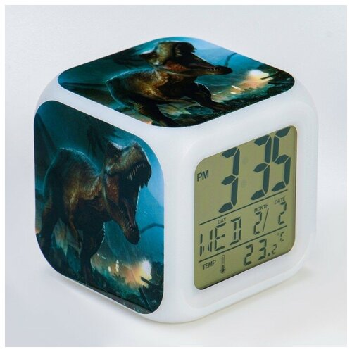Часы настольные электронные "Динозавр" с подсветкой, будильник, термометр, календарь, 8х8 см