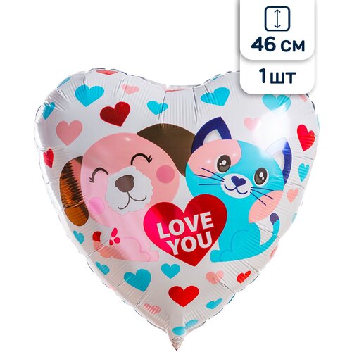 Воздушный шар фольгированный Anagram сердце, на 14 февраля, Котик и собачка Love you, 46 см