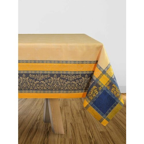Скатерть на стол, 170х170, тканевая, цвет желтый/синий, хлопок и лен, "Елизавета", Яковлевский жаккард.