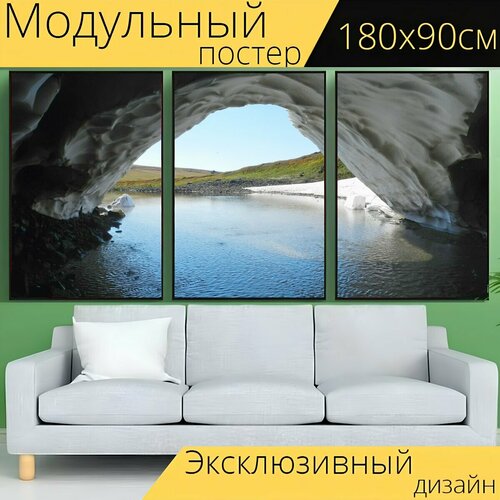 Модульный постер "Снежная пещера, ручей, сугроб" 180 x 90 см. для интерьера