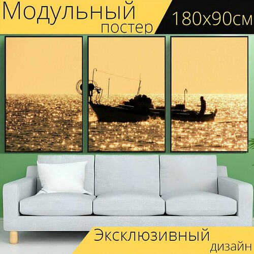 Модульный постер "Кипр, айя напа, рыболовная лодка" 180 x 90 см. для интерьера