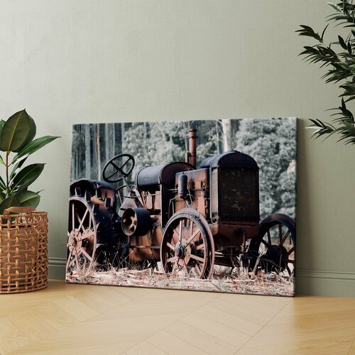 Картина на холсте (Старый ржавый трактор стоит в поле) 30x40 см. Интерьерная, на стену.