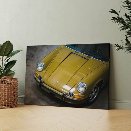 Картина на холсте "Желтый спортивный автомобиль, припаркованный в гараже" 60x80 см. Интерьерная, на стену.