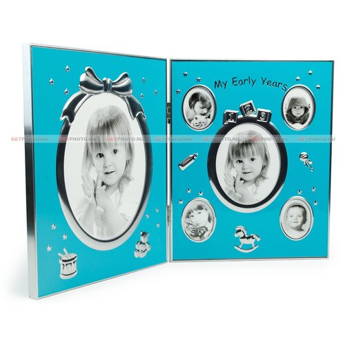 Детская фоторамка для 6 фотографий, мультирамка-коллаж, моё детство, книжка, голубая GF 4055