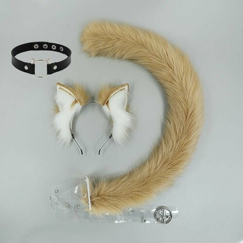 Карнавальный набор аниме ободок ушки кошки и длинный хвост + кожаный чокер с металлической вставкой в подарок