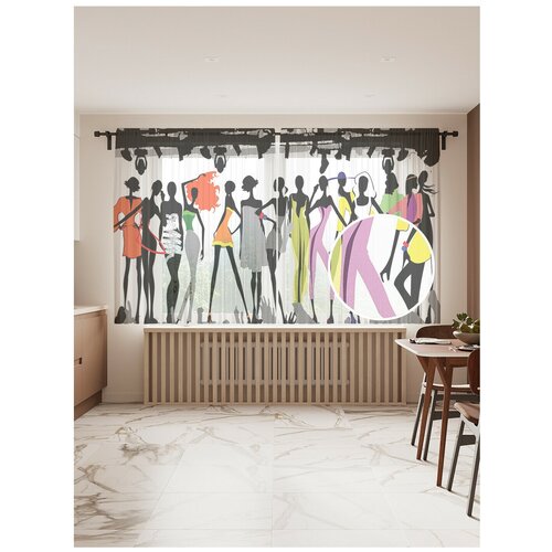Тюль для кухни и спальни JoyArty "Модная выставка", 2 полотна со шторной лентой шириной по 145 см, высота 180 см.