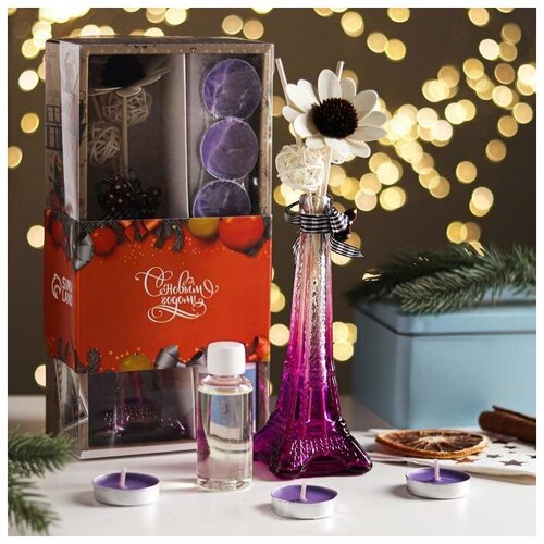 Богатство Аромата Набор подарочный "Эйфелева башня"(ваза, палочки с декором, свечи, аромамасло), орхидея, Новый год