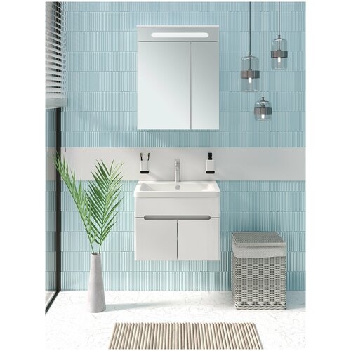 Мебель для ванной Парма 60, белая (тумба с раковиной подвесная, шкаф c зеркалом)