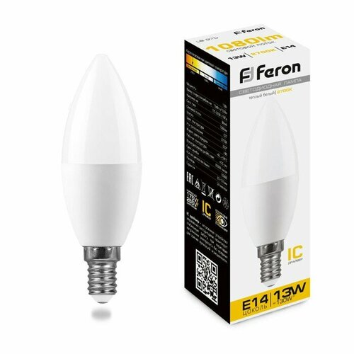 Лампа светодиодная FERON, (13W) 230V E14 2700K С37, LB-970