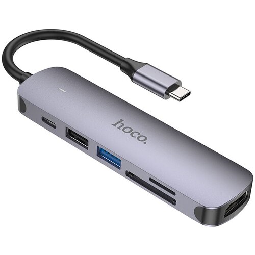 USB-концентратор HOCO HB28, 6 Гнезд, PD, USB3.0, USB2.0, HDMI, TF, SD, цвет: серый