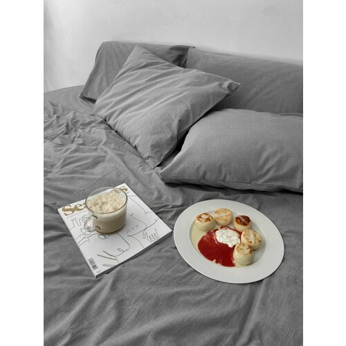 Комплект постельного белья 2-спальный из премиальной ткани Варёный хлопок Gray Fog, пододеяльник 200x200, простыня на резинке 160x200х30, наволочки 50x70