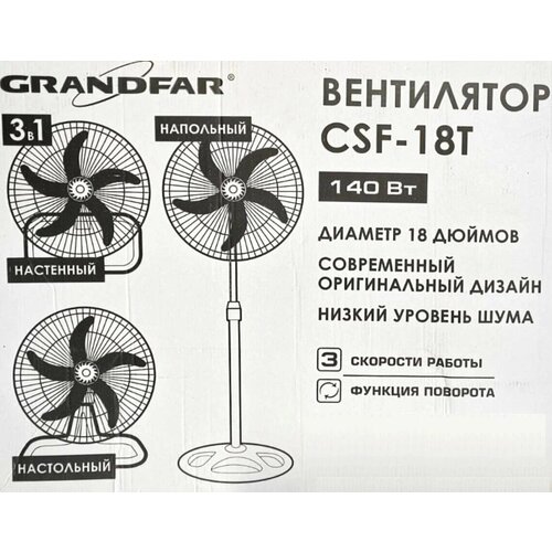 Вентилятор GRANDFAR-ВН-18Т 5-и лопастной, крепление-трансформер 3в1 (140Вт)