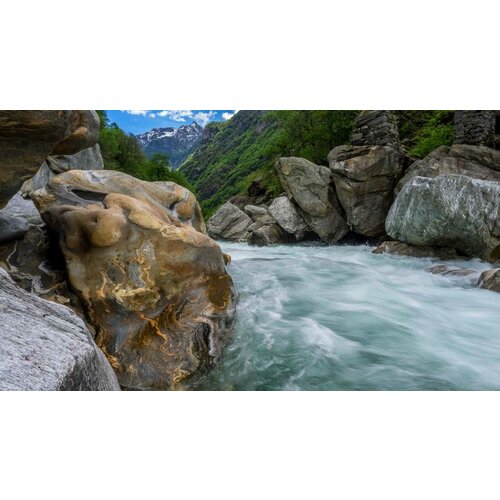 Картина на холсте 60x110 LinxOne "Горы поток Швейцария река камни" интерьерная для дома / на стену / на кухню / с подрамником