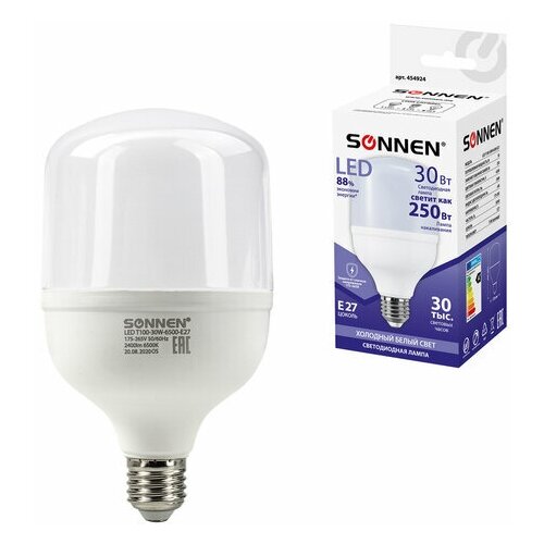 Лампа светодиодная SONNEN, 30 (250) Вт, цоколь Е27, цилиндр, холодный белый, 30000 ч, LED Т100-30W-6500-E27, 454924 (цена за 1 ед. товара)