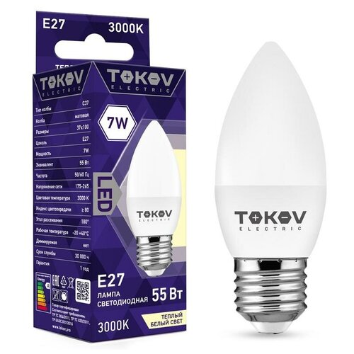 Лампа светодиодная 7Вт С37 3000К Е27 176-264В | код. TKE-C37-E27-7-3K | TOKOV ELECTRIC (40шт. в упак.)