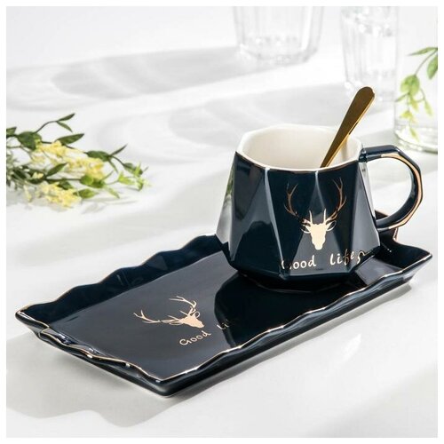 Чайная пара керамическая с ложкой «Золотое копытце», 3 предмета: чашка 320 мл, тарелка 25×12×2 см, ложка, цвет синий