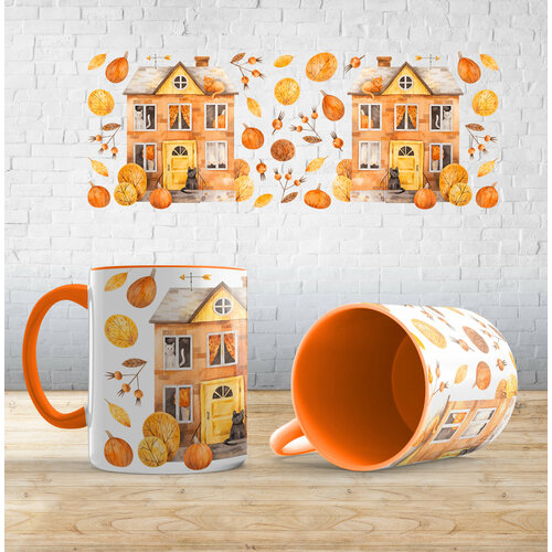 Кружка с принтом "Кошкин дом", Оранжевый, керамика, в подарок на хэллоуин