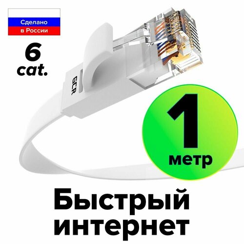 Патч-корд GCR PROF плоский UTP cat.6 10 Гбит/с RJ45 LAN кабель для интернета контакты 24K GOLD (GCR-LNC62) белый 1.0м