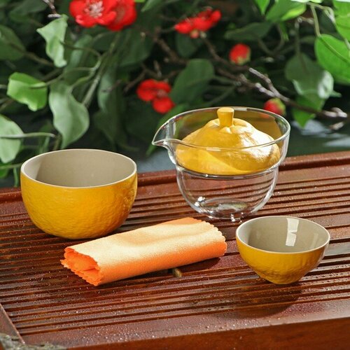 Набор для чайной церемонии «Лимон», 6 предметов: стеклянная чаша с крышкой 210 мл, 2 керамические чаши 40 мл и 150 мл, салфетка, сумка, цвет жёлтый