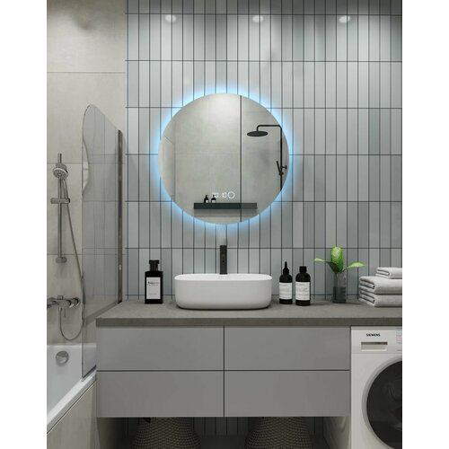 Зеркало для ванной с часами Sun D65 круглое "парящее" с холодной LED-подсветкой