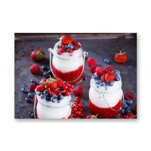 Картина на стекле | Diva Kartina | Еда. Десерт. Садовые ягоды в горшочках | 60X42 см | Интерьерный постер