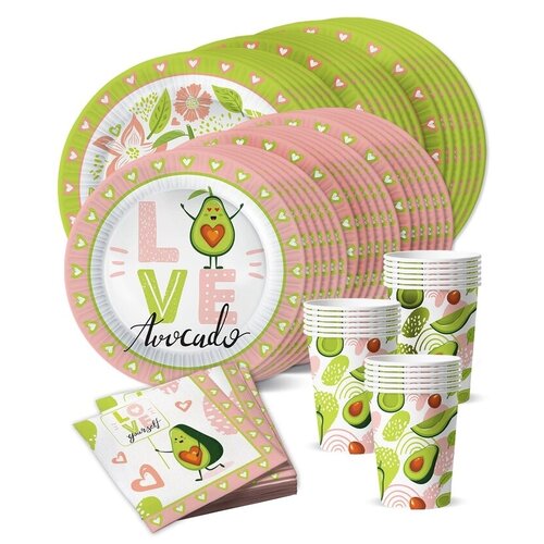 Набор бумажной одноразовой посуды для праздника Авокадо Love (салфетки, стакан, тарелка мал, тарелка бол. по 3 упаковки) ND Play
