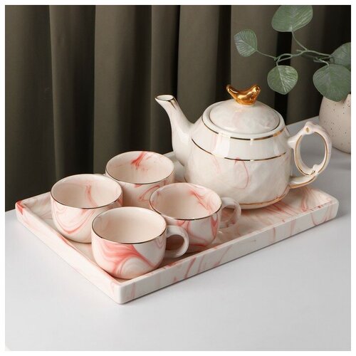 Набор керамический чайный «Мрамор», 5 предметов: чайник 800 мл, 4 кружки 170 мл, подставка 31×21 см, цвет розовый