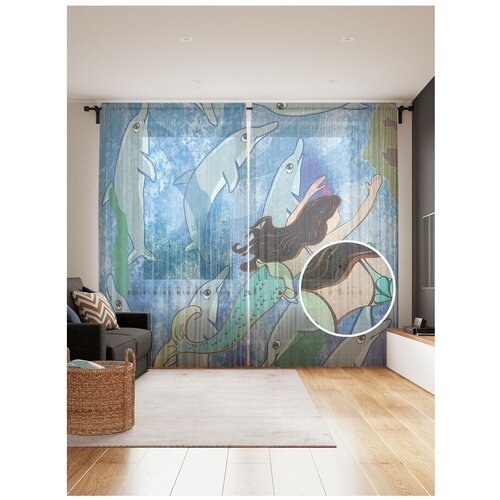 Тюль для кухни и спальни JoyArty "Дельфины и русалка", 2 полотна со шторной лентой шириной по 145 см, высота 265 см.
