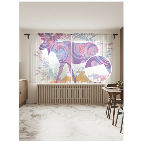 Тюль для кухни и спальни JoyArty "Лосиные краски", 2 полотна со шторной лентой шириной по 145 см, высота 180 см.