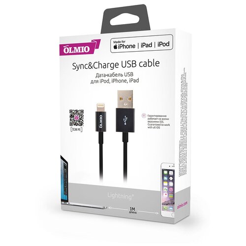 Кабель зарядки и передачи данных MFI USB 2.0 - Apple iPhone/iPod/iPad 8pin, 1м, черный, OLMIO