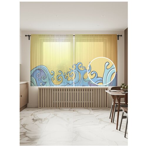 Тюль для кухни и спальни JoyArty "Солнце над волнами", 2 полотна со шторной лентой шириной по 145 см, высота 180 см.