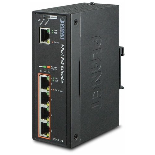 Индустриальный PoE экстендер PLANET IPOE-E174 IP30 Industrial 1-Port 60W Ultra POE to 4-Port 802.3af/at Gigabit POE Extender (-40 to 75 C)