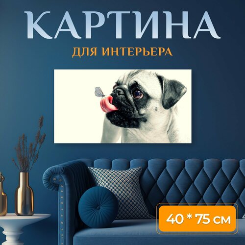 Картина на холсте "Собака, мопс, животное" на подрамнике 75х40 см. для интерьера