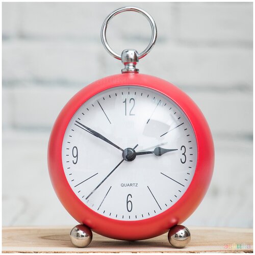 Часы будильник металл Кругляш красные классические настольные подарок женщине на 8 марта, мужчине на 23 февраля, ребенку