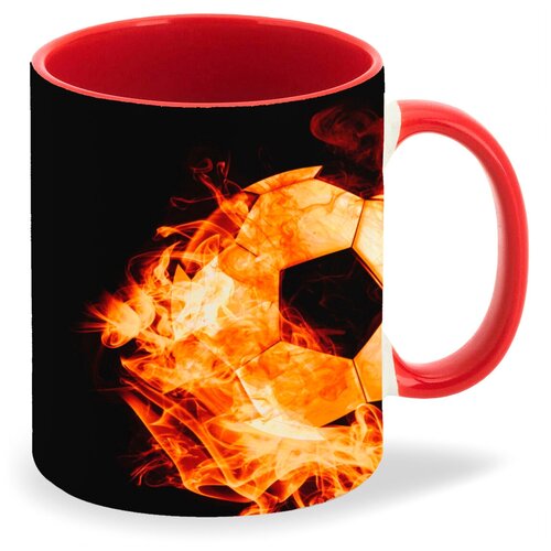 Кружка красная CoolPodarok Футбол Футбольный мяч в огне Чёрный фон