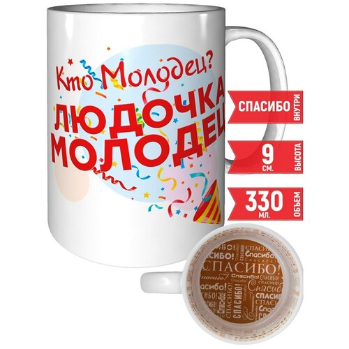 Кружка Кто молодец? Людочка молодец! - с рисунком спасибо.