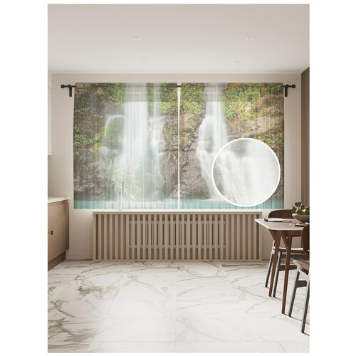 Тюль для кухни и спальни JoyArty "Двойной водопад", 2 полотна со шторной лентой шириной по 145 см, высота 180 см.