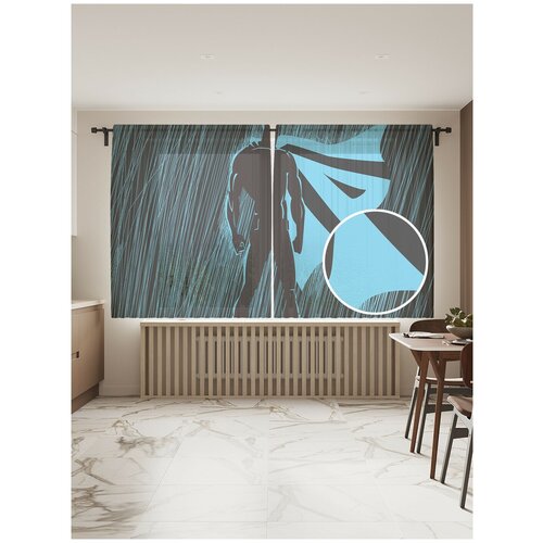 Тюль для кухни и спальни JoyArty "Супермен под дождем", 2 полотна со шторной лентой шириной по 145 см, высота 180 см.