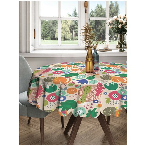 Круглая скатерть на кухонный и праздничный стол JoyArty "Абстракция из цветов и растений" из сатена, диаметр 150 см