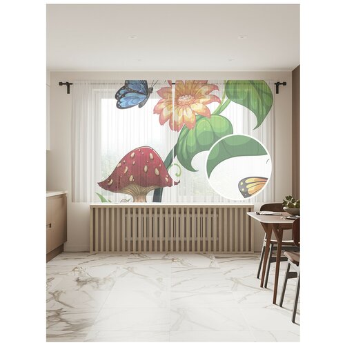 Тюль для кухни и спальни JoyArty "Грибной цветок", 2 полотна со шторной лентой шириной по 145 см, высота 180 см.