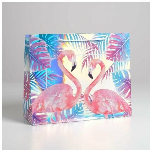 Пакет подарочный голографический "Фламинго", 32 x 26 x 12 см